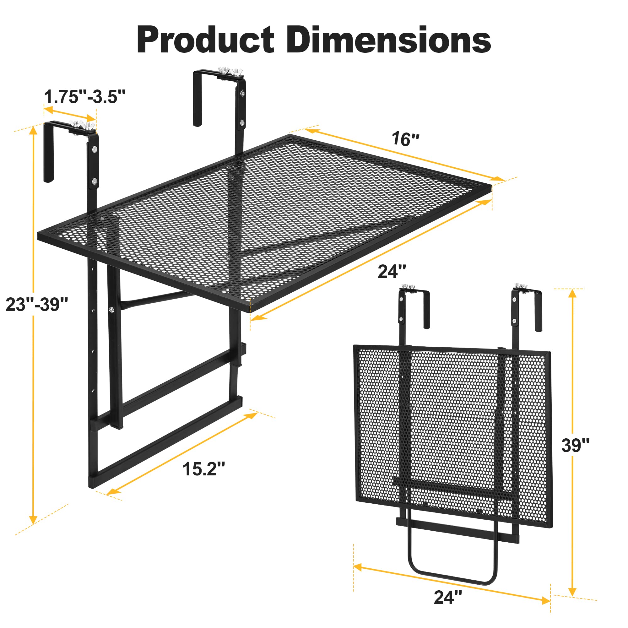 Eusuncaly Balcony Railing Table Patio Folding Hanging Desk Balcony Bar Table for Railings,5-Level Height Adjustable,Metal Folding Table for Balcony Patio Deck Window,24" x 15.7" Black