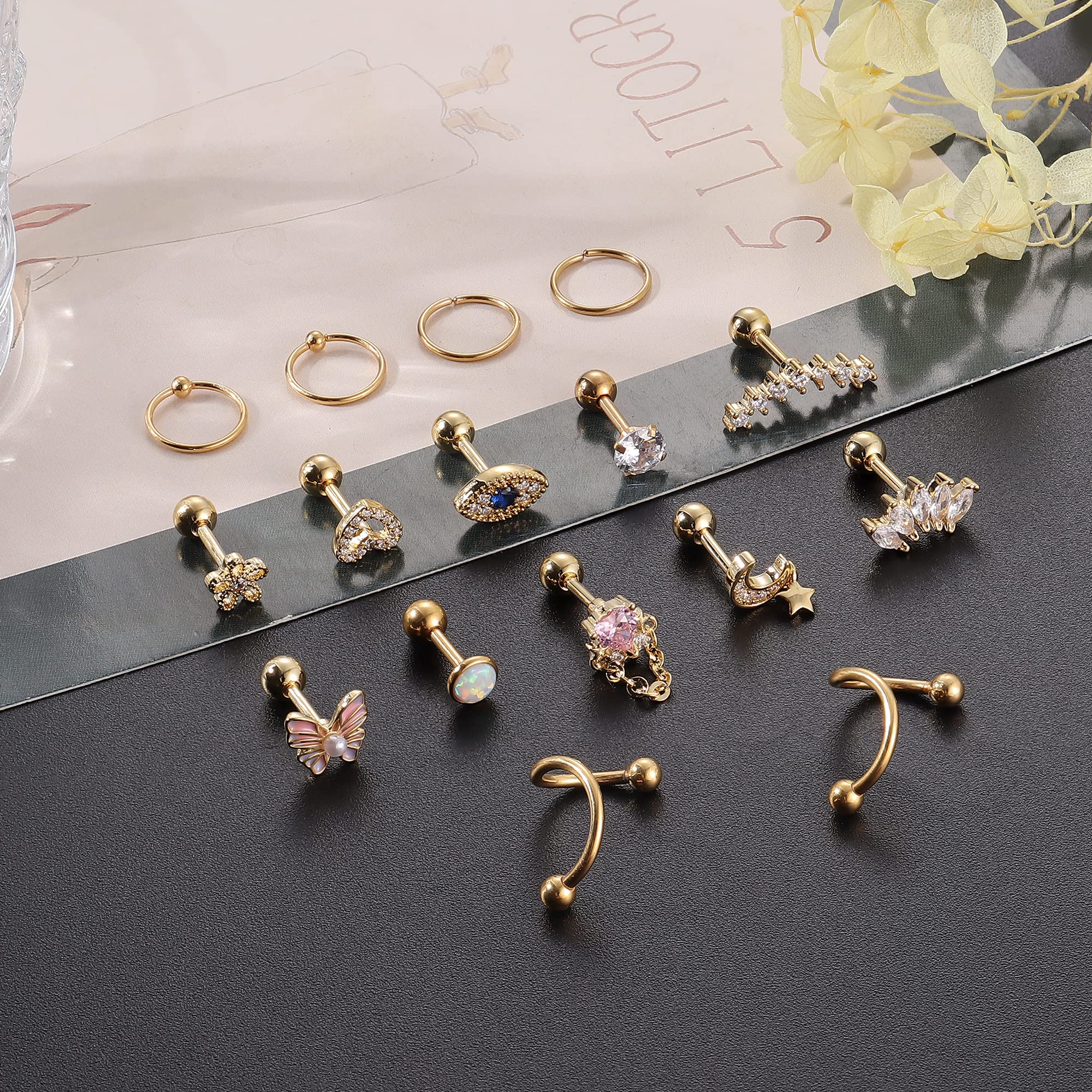 FUNRUN JEWELRY 16G Cartilage Earrings Stud Hoop for Women Stainless Steel Earrings Set Hypollergenic Helix Tragus Daith Forward Conch Piercing Jewelry(Gold)