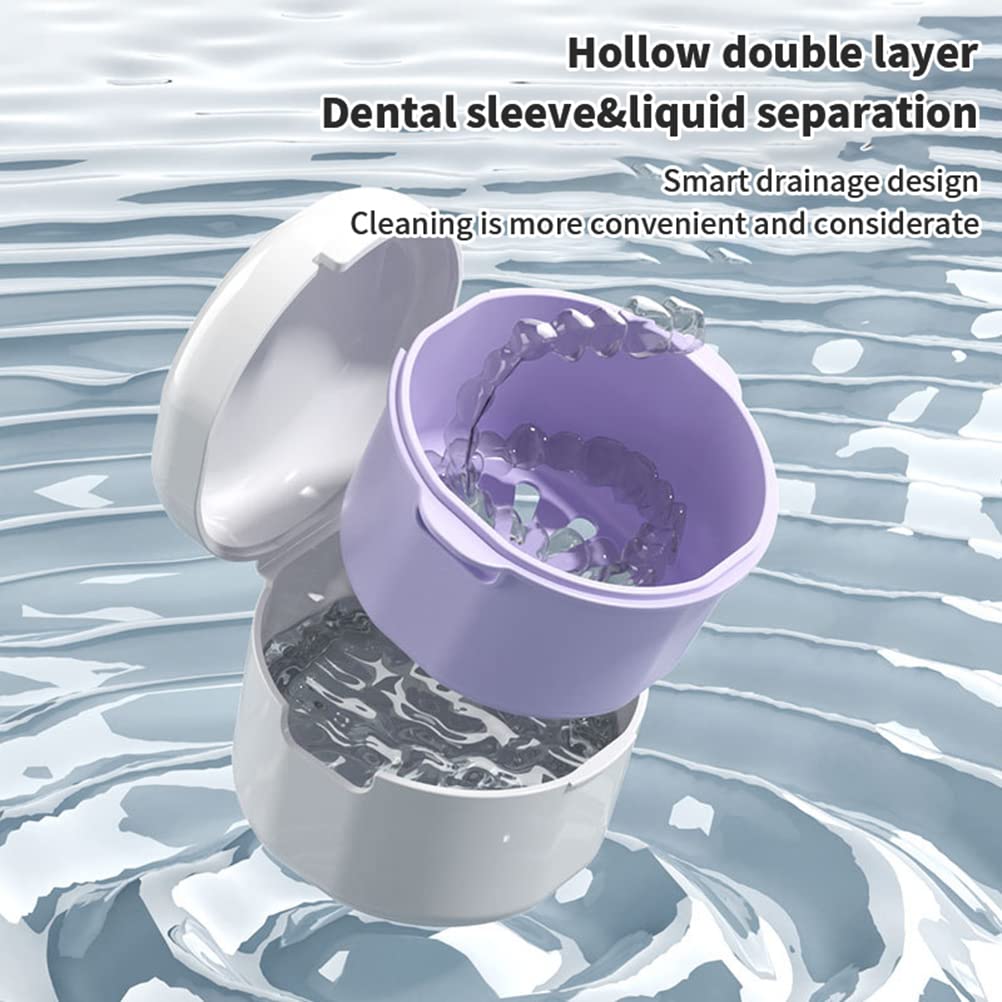 kekafu Denture Bath Box Cup, Denture Bath Case with Strainer Basket, False Teeth Storage Box Holder, Retainer Cleaning Box, Soak Cup ,with braces chewable tablets, Braces removal tool and toothbrush