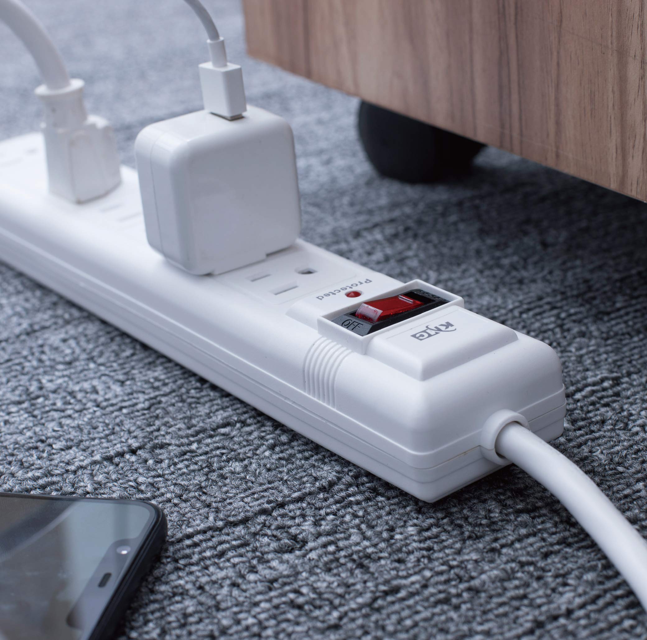 KMC 6-Outlet Surge Protector Power Strip, 2-Pack, 1200 Joules, 6ft Cord, Adapter Spaced Outlet, Overload Protection, White