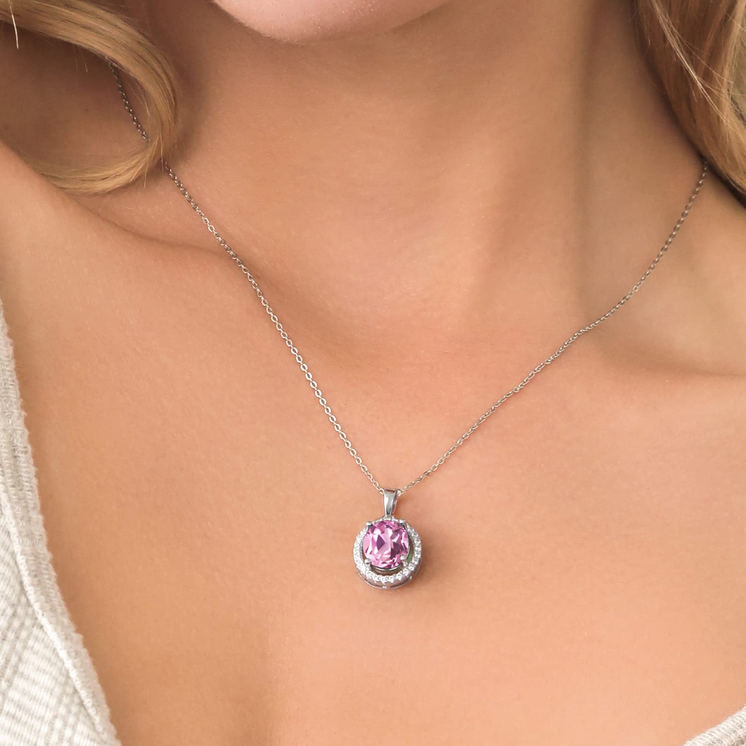 Gem Stone King 925 Sterling Silver Oval Light Pink Created Sapphire and White Moissanite Pendant Necklace For Women (4.82 Cttw, with 18 Inch Silver Chain)