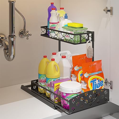 MHHA Under Sink Organizer,Adjustable Height Metal Under Kitchen Cabinet Organizer,2-Tier Sliding Shelf Storage,Multi-Use for Under Kitchen Bathroom Sink Organizers and Storage,Black
