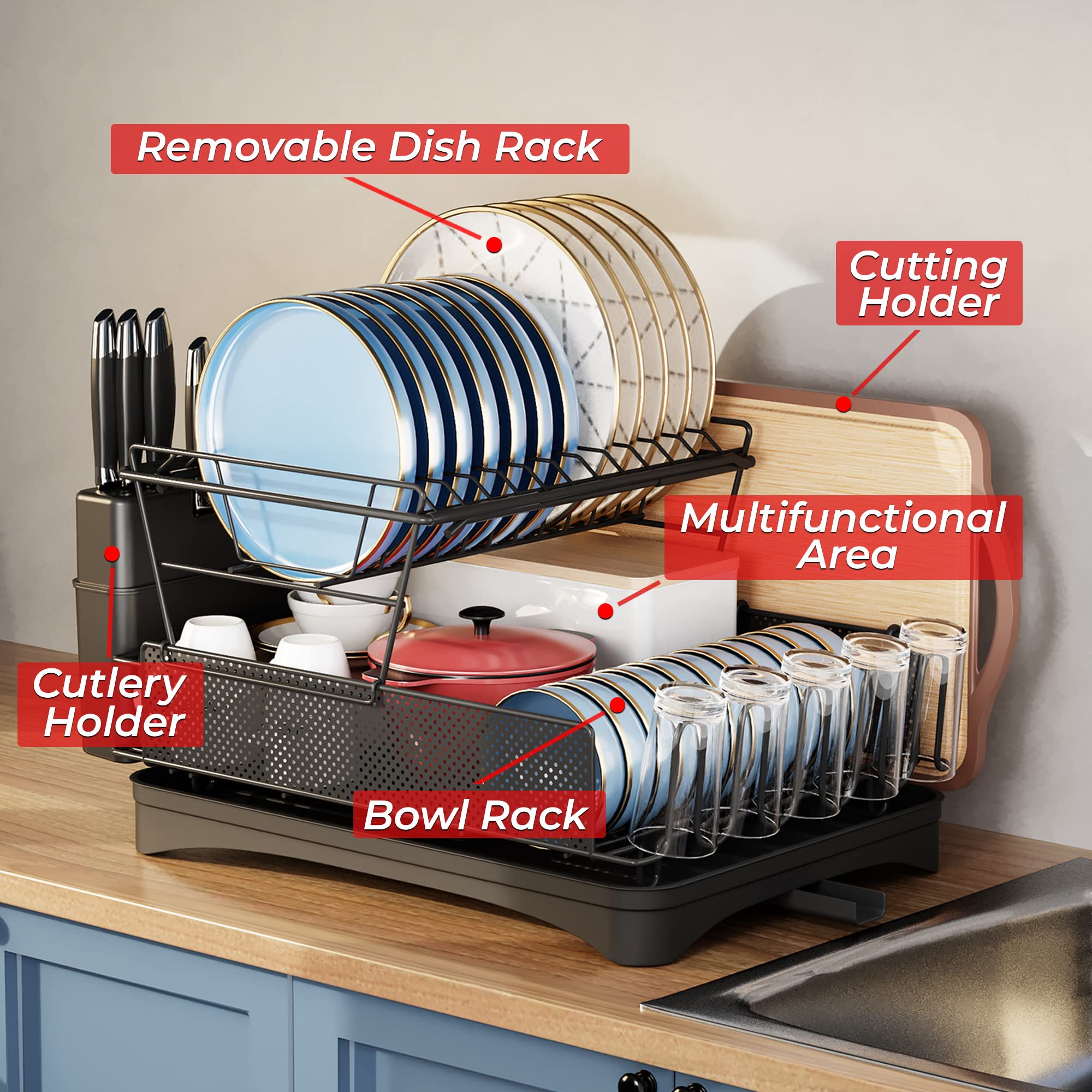 EXIN DECHEN Dish Drying Rack – 2 Tier Large Dish Rack with Auto Drainage, Stainless Steel Dish Drainer for Kitchen Counter with Glass Holder, Cutting Board Holder and Extra Drying Mat