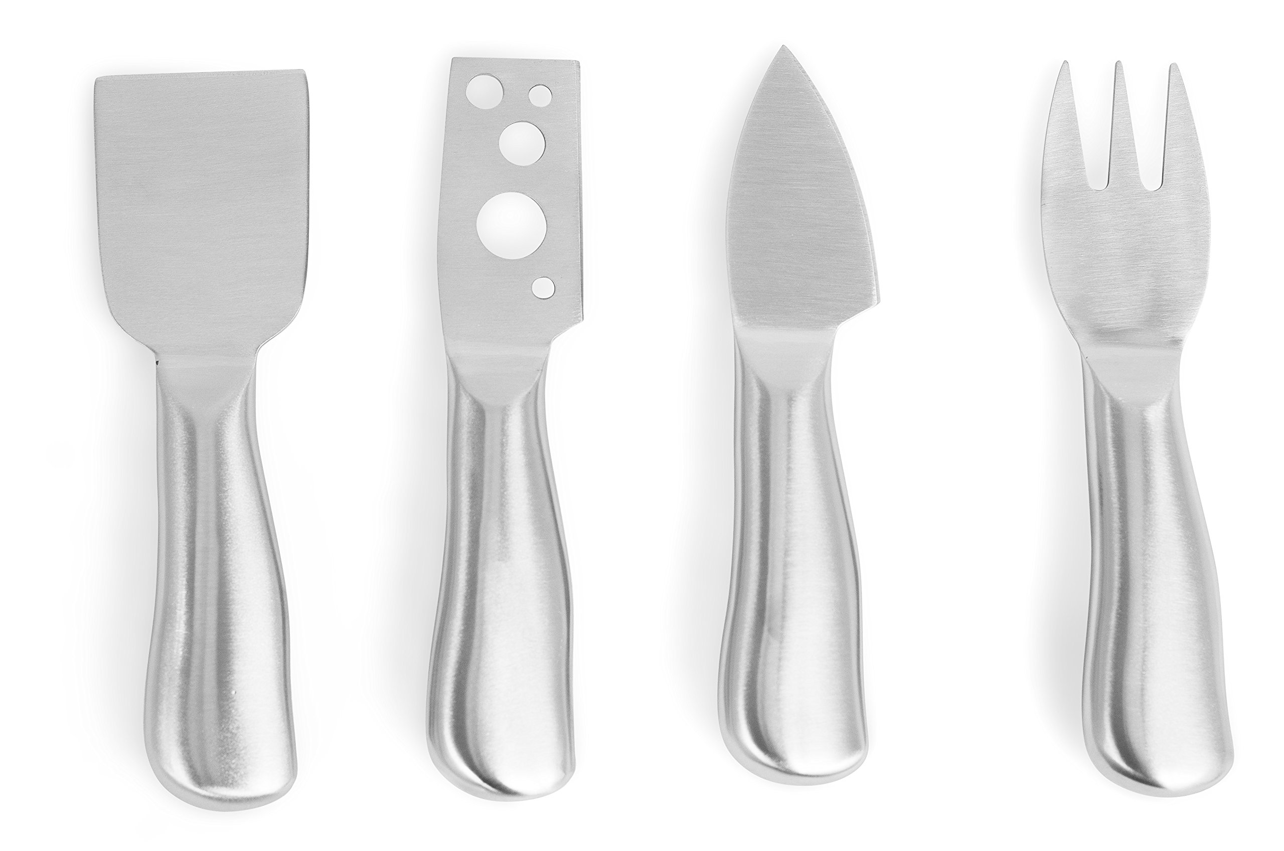 Internet's Best 4 Piece Stainless Steel Cheese Set - Slicer Cutter Knife Fork for Hard Soft Crumble Cheeses - Shaver Spreader Tools