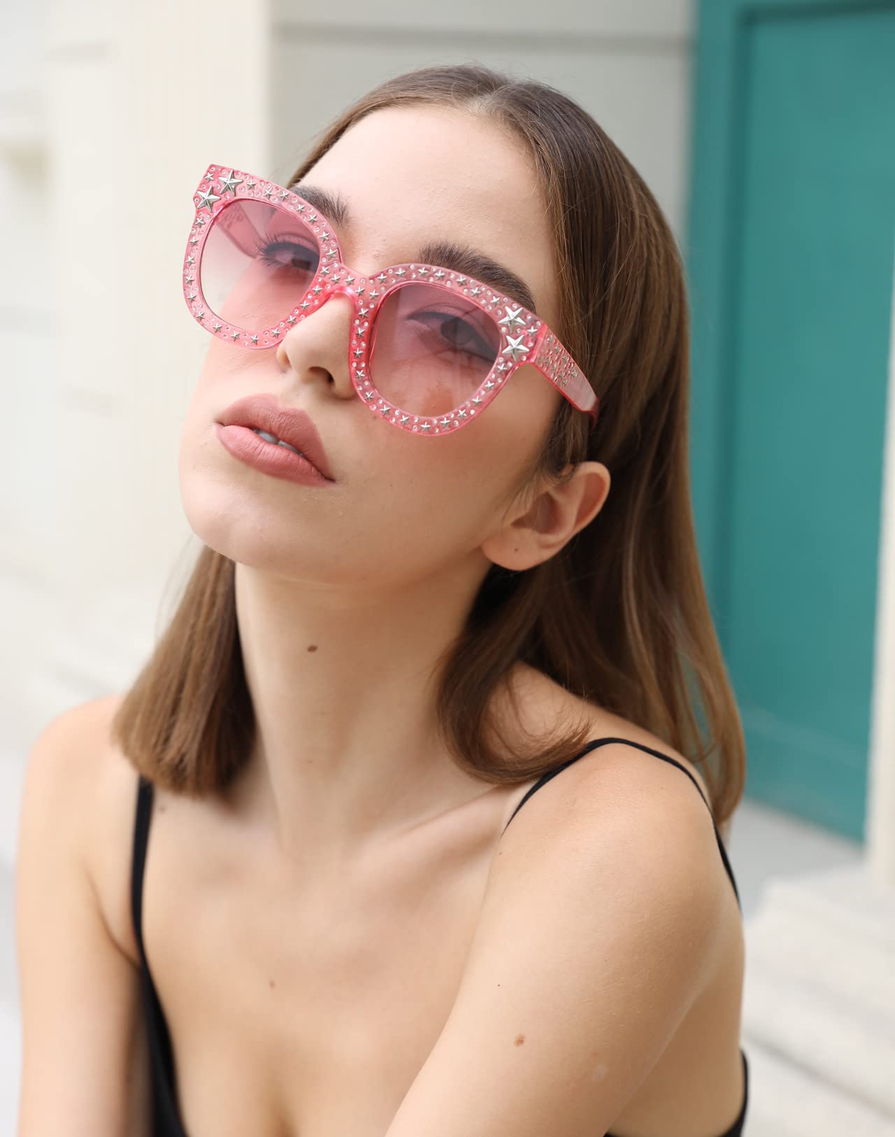 FEISEDY Women Vintage Cateye Crystal Rhinestone Star Sunglasses Novelty Glitter Shades B4068