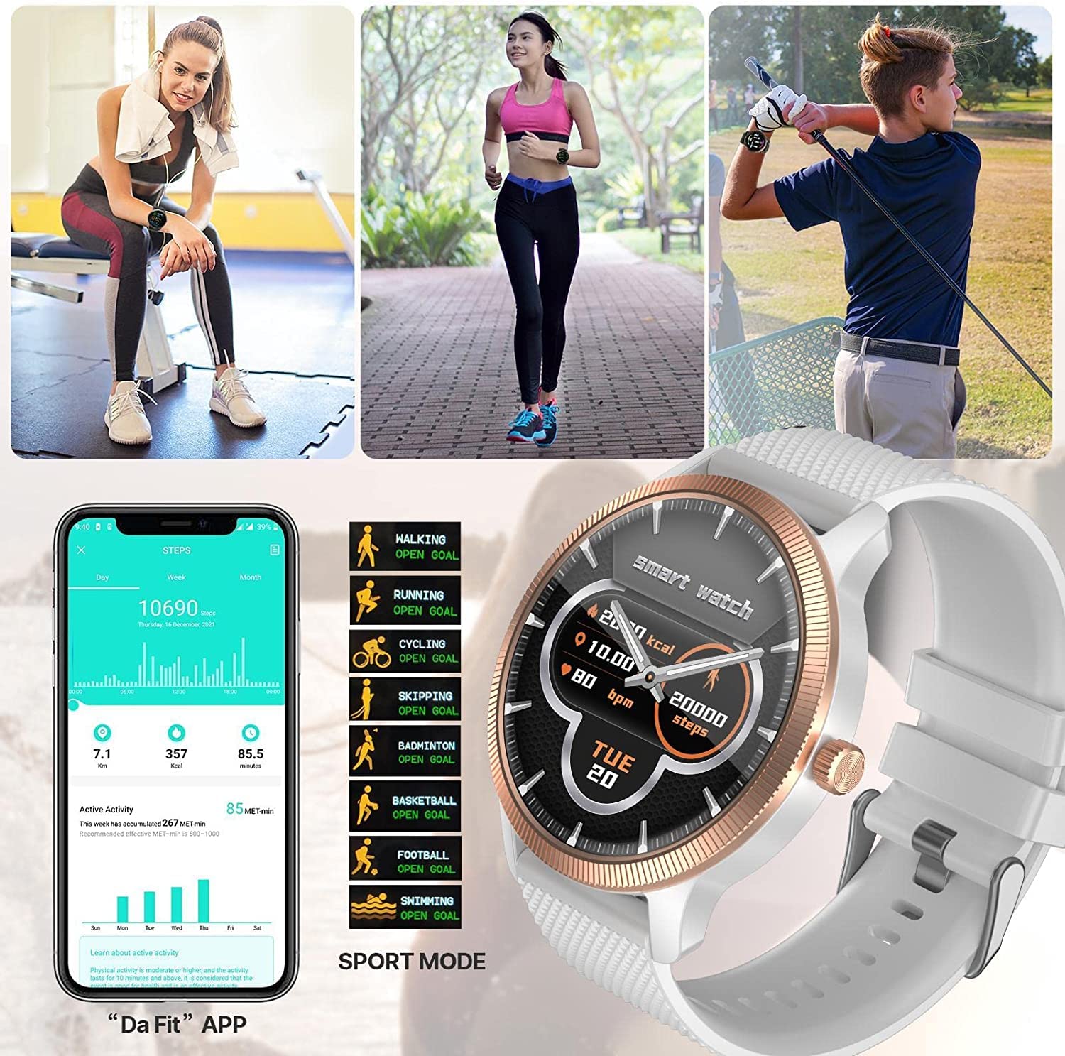 Women Smart Watch Man Heart Rate Blood Pressure,Step Counting,Information Call Reminder Health Monitor,White