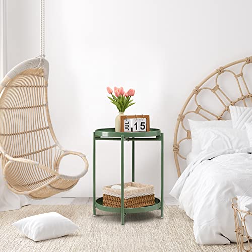 TeoKJ 2 Tier Green Side Table, Folding Round Metal End Table Small Nightstand Accent Table with Two Removable Tray for Bedroom Living Room Bedside Small Spaces Dark Green
