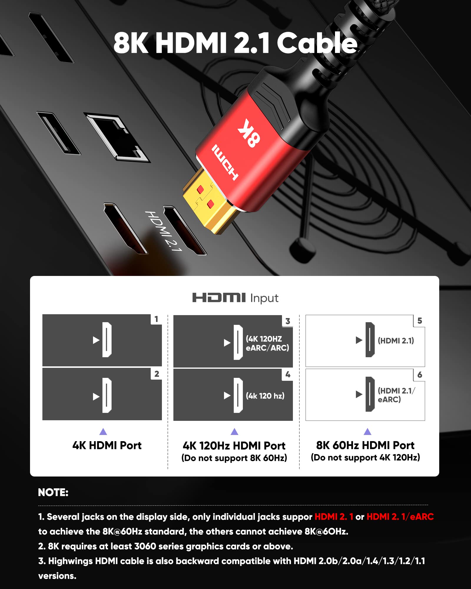 Highwings 8K 10K HDMI 2.1 Cable 6.6FT/2M 2-Pack, Certified Ultra High Speed HDMI Cable Braided Cord-4K@120Hz 8K@60Hz, DTS:X, HDCP 2.2 & 2.3, HDR 10 Compatible with Roku TV/PS5/HDTV/Blu-ray