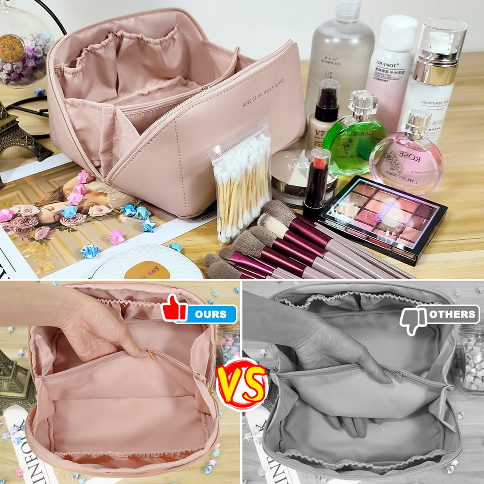 ISENSHI Large Capacity Cosmetic Travel Bag for Easy Access, Waterproof Bag for Makeup, Toiletry, Skincare, Cosmetics With Handle and Divider (Pink)