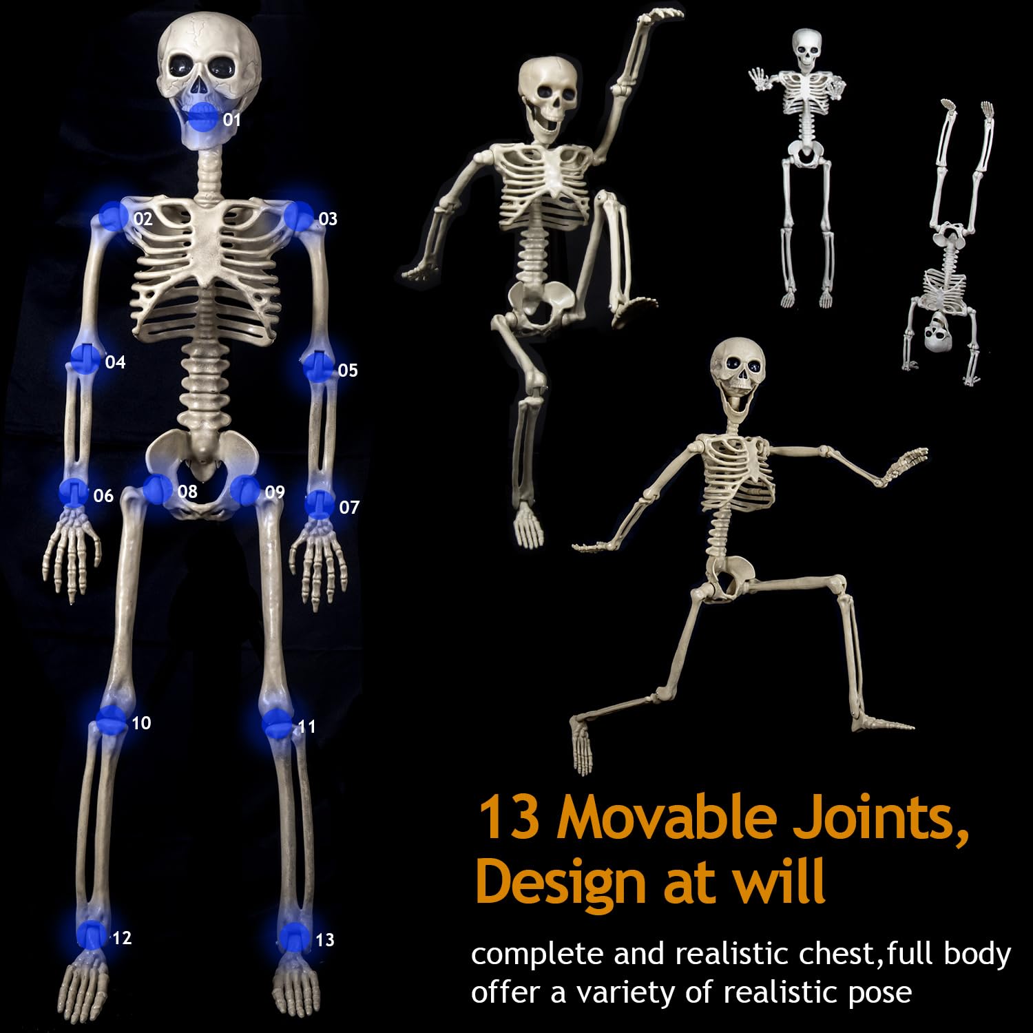 HBSTK 6 Pack(1×40"+2×24"+3×16") Pose-N-Stay Halloween Skeleton Life Size Full Body Posable Movable Jonints for Halloween Decoration Decor