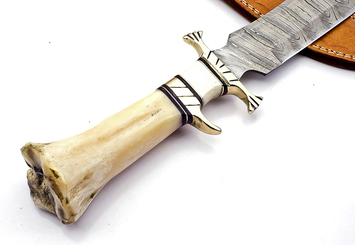 Handmade 15 Inches Knife Damascus Steel Hunting Fixed Blade Knife with Sheath Bowie Twist Pattern - Camel Bone Handle…