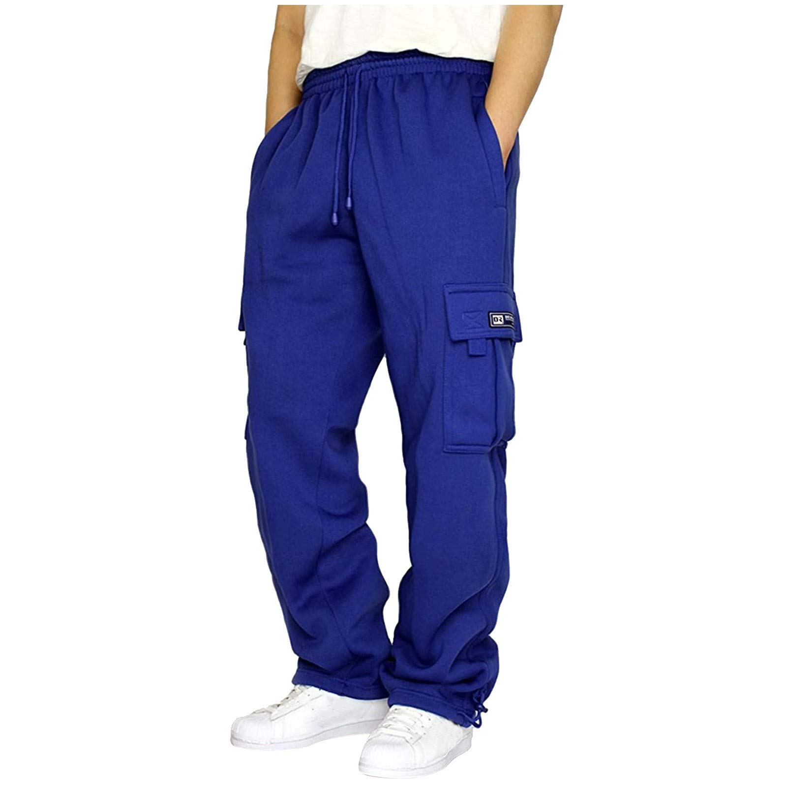 Heavyweight Fleece Cargo Sweatpants for Men Elastic Waist Drawstring Straight Leg Trousers Baggy Jogger Pants with Pockets(A-Blue,X-Large)