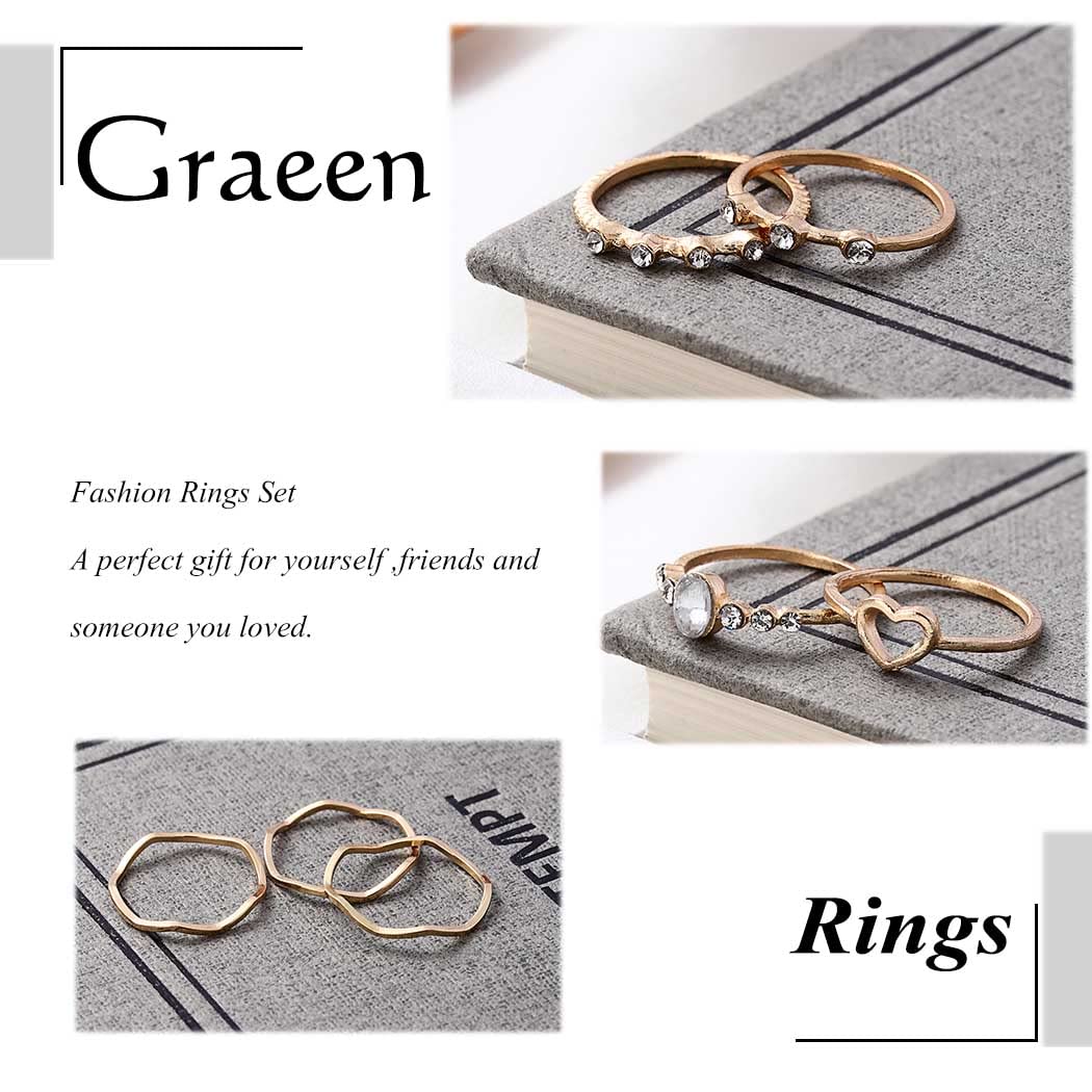 GRAEEN Knuckle Rings Index Finger Rings Hollow Love Rose Gold Ring Sets for Women (Pack of 9) (Style 1)
