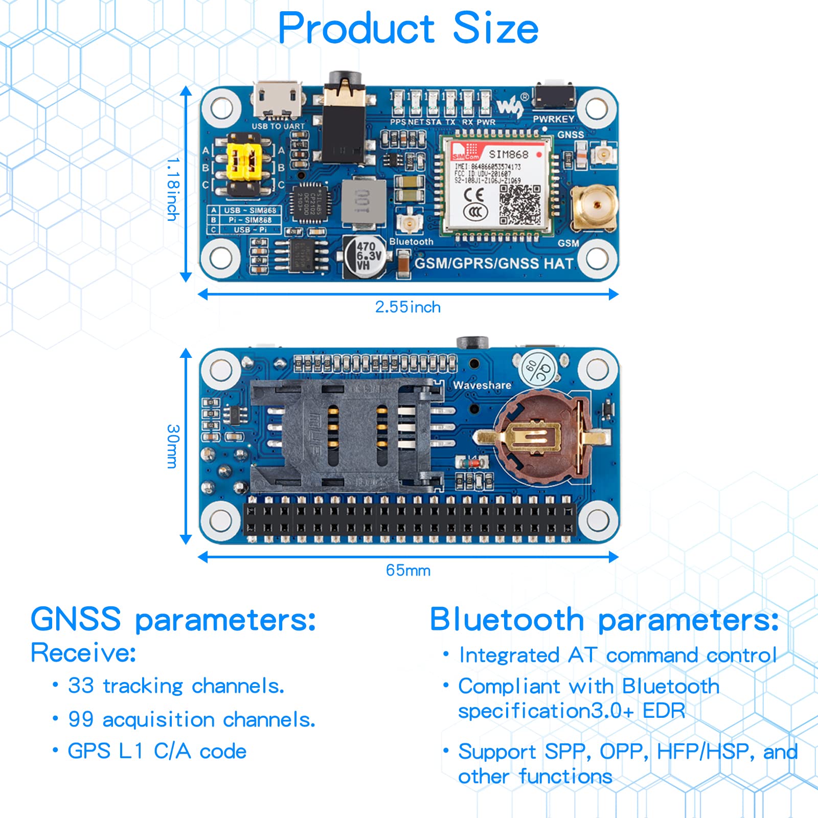 EC Buying GSM/GPRS/GPS/Bluetooth SIM868 Expansion Board, HAT Expansion Board GPS Module SIM868 Compatible with Arduino/Raspberry Pi, Send SMS, Bluetooth 3.0 Data Transmission
