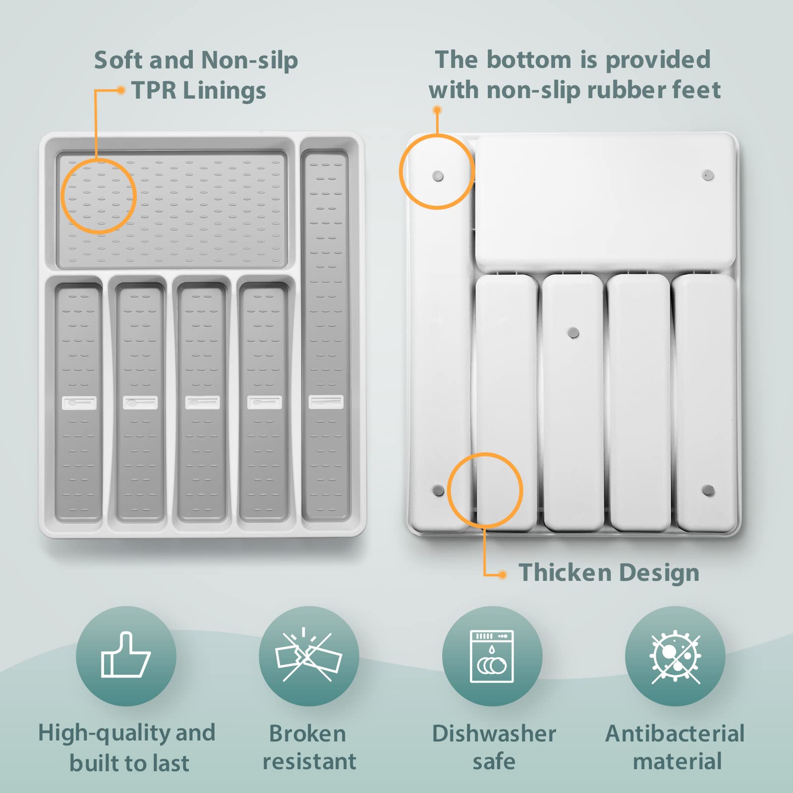 Joequality Silverware Organizer with Icons,Plastic Cutlery silverware Tray for Drawer,Utensil Tableware Flatware Organizer for Kitchen with Non-slip TPR,Fits Oversized Drawer,6-Compartment,Grey