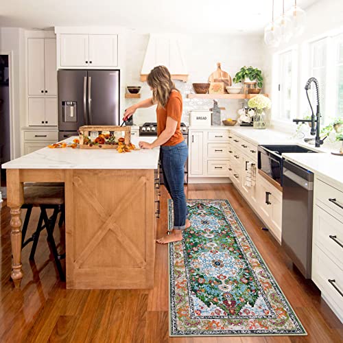 U'Artlines Boho Hallway Runner Rug 2' x 6' Vintage Farmhouse Laundry Rug Runner Accent Area Rug Carpet Non Slip Washable Kitchen Rug Entryway Runner Mat Throw Rug for Living Room (Green)