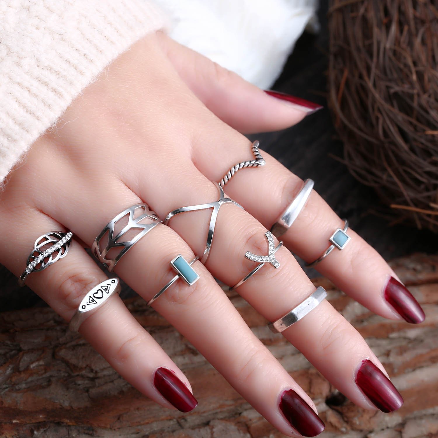 Gmai Bohemian Vintage Women Crystal Joint Knuckle Nail Ring Set of 10 pcs Finger Rings Punk Ring Gift (Punk)
