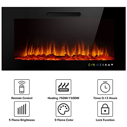 Hykolity 36 inch Electric Fireplace Inserts, 750/1500W Recessed and Wall Mounted Electric Fireplace, Electric Wall Fireplace Heater with Remote Timer, Touch Screen, Log/Crystal Hearth Options