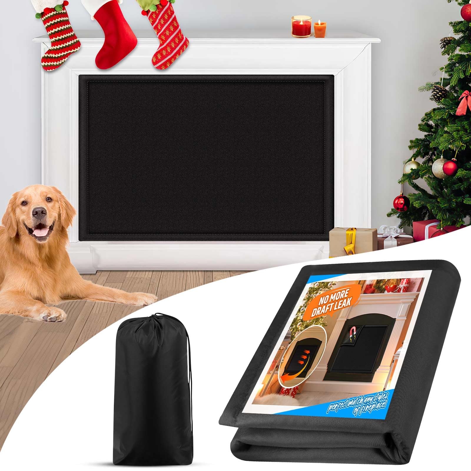 Magnetic Fireplace Cover, Fireplace Blocker Blanket Stops Overnight Heat Loss, Adjustable Fireplace Draft Stopper Save Energy, Fireplace Insulation Black 33" W x 29" H