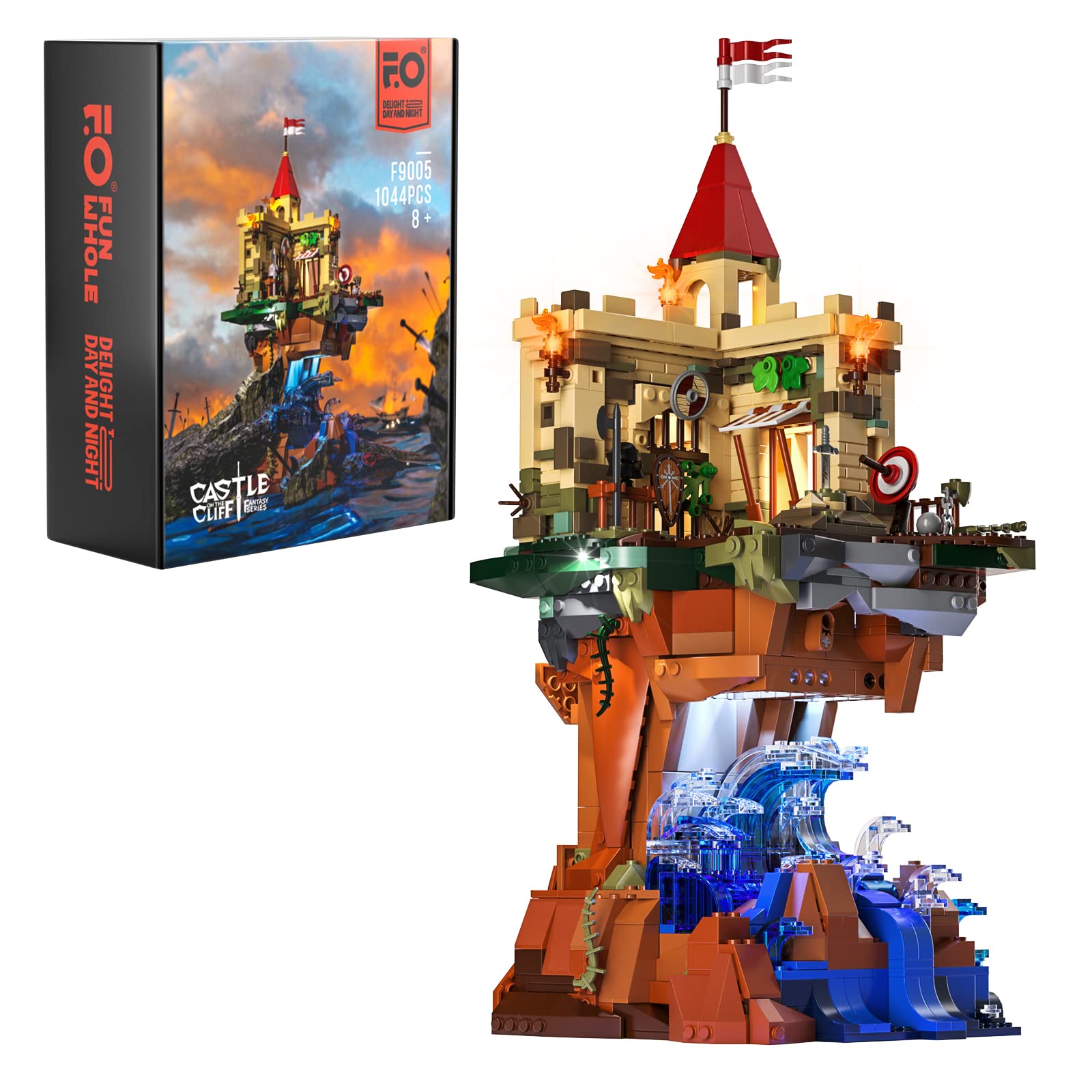 FUNWHOLE Lighting Building Bricks Set - Castle on The Cliff LED Light Construction Building Model Set 1044 Pcs for Adults and Teen