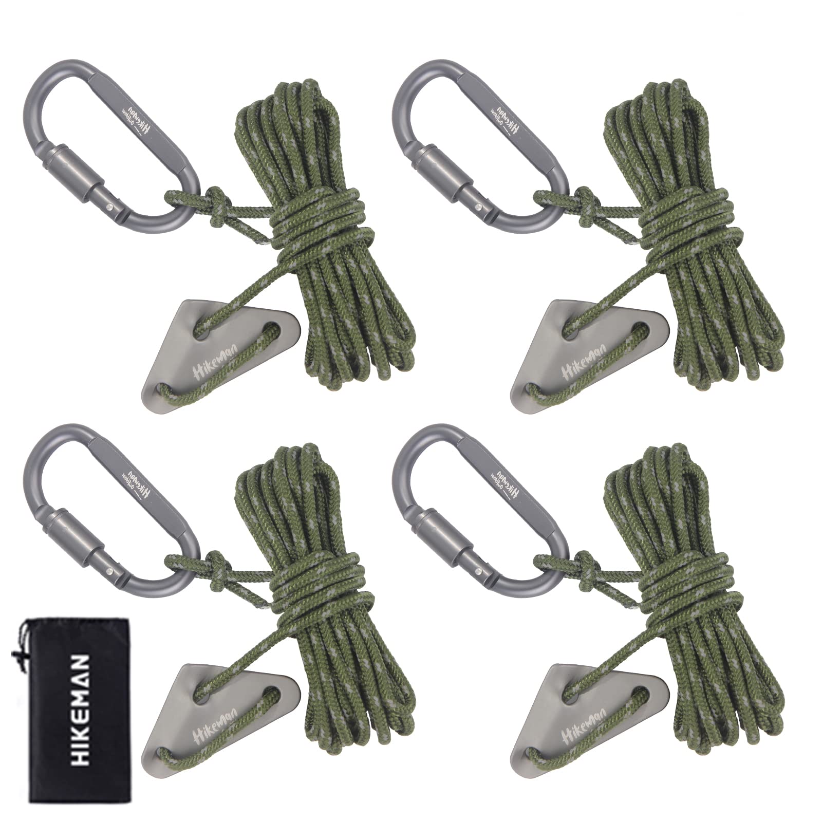 Hikeman 4 Pack Camping Rope with Locking Carabiner Clip,4mm Reflective Guy Lines with Triangular Guyline Adjuster Tensioner,Nylon Cord for Tent Tarp Tie Down,Hiking,Backpacking (Khaki)