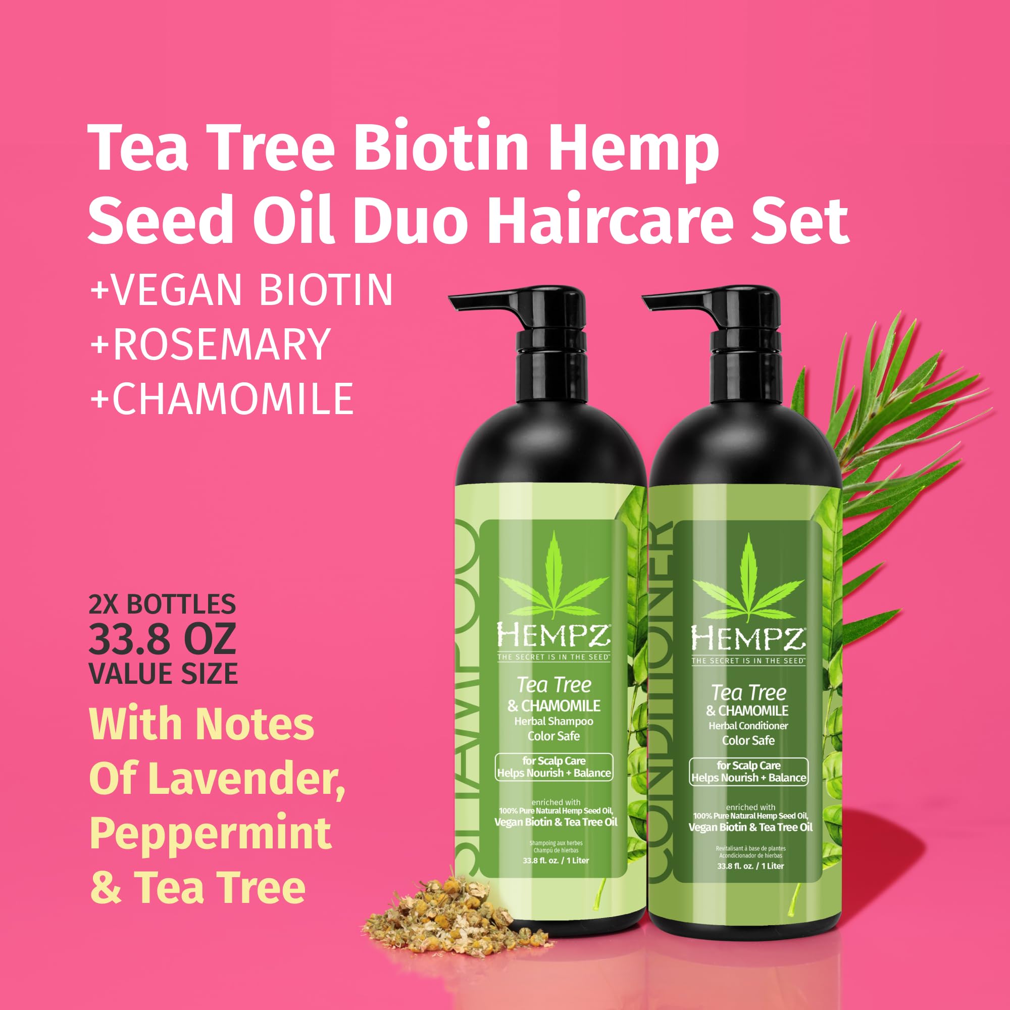 HEMPZ Hair Shampoo & Conditioner Set - Tea Tree & Chamomile for Dry, Damaged and Color Treated Hair, Hydrating, Softening, Moisturizing with Vegan Biotin for Scalp Care Duo Set - 33.8 fl oz