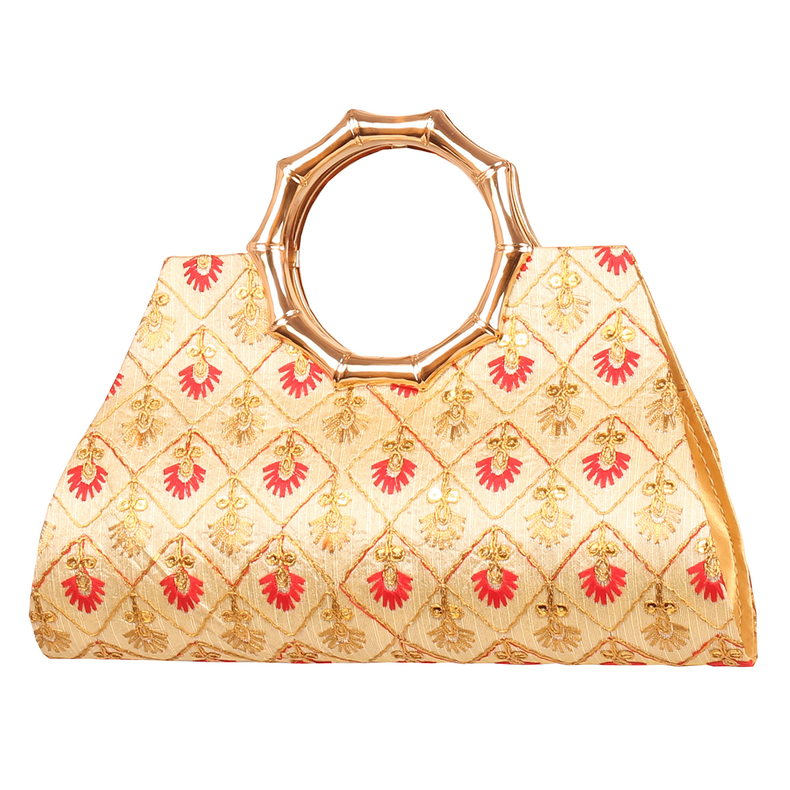 INDTRESOR beaded handcrafted embroidered evening purse handbag vintage party wedding gift for women. Cream Red Gold