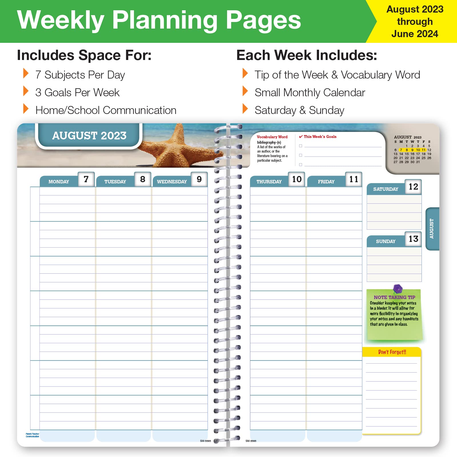 Global Datebooks Dated Middle School or High School Student Planner for Academic Year 2023-2024 Includes Ruler/Bookmark and Planning Stickers (Matrix Style - 5.5"x8.5" - Blue Colors)