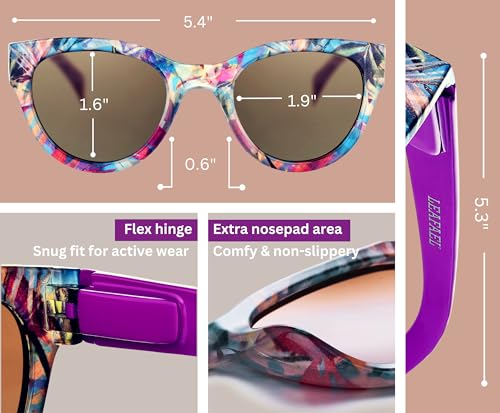 Leafael Sunglasses Womens Trendy Retro Purple Floral Designs | Polarized Lens UV Protection | Round Cat Eye Frame | Casual & Active