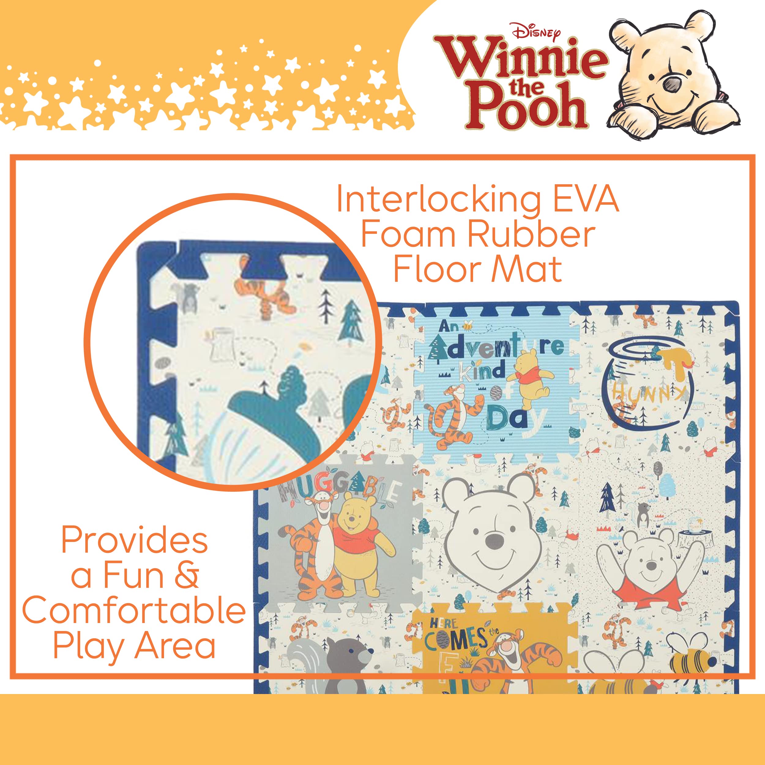 Disney Winnie The Pooh EVA Foam Mat, Winter Prairie Interlocking EVA Foam Flooring Tiles, Yellow, 36 x 36 Inches