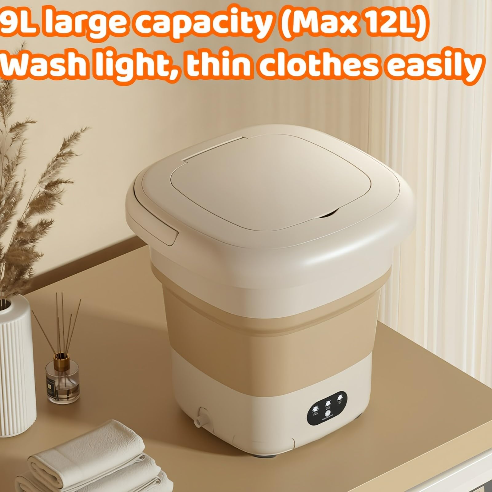 LEMATEEK Foldable Washing Machine, Portable Washing Machine Foldable for Baby Clothes Underwear Small Items, Foldable Mini Washing Machine 2 Modes for Apartments, Dorms, Travel, Capacity 9L, Khaki
