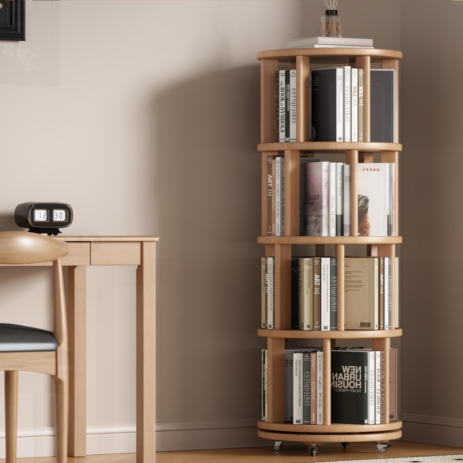 KASLANDI Solid Wood Rotating Bookshelf with Brake Wheels, 360°Display 6 Tier Floor Stackable Spinning Bookshelf Tower for Kids & Adults, Revolving Bookcase for Small Space, Corner (Walnut)