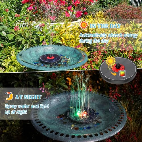 GAIZERL Solar Fountain 2024 Newest, 3.5W Solar Birdbath Fountains with Colorful Lights, Glass Panel, 2200mAh Battery, Hummingbird Water Pumps with 8 Spray Modes & 4 Fixed Pipes for Garden, Pool, Pond