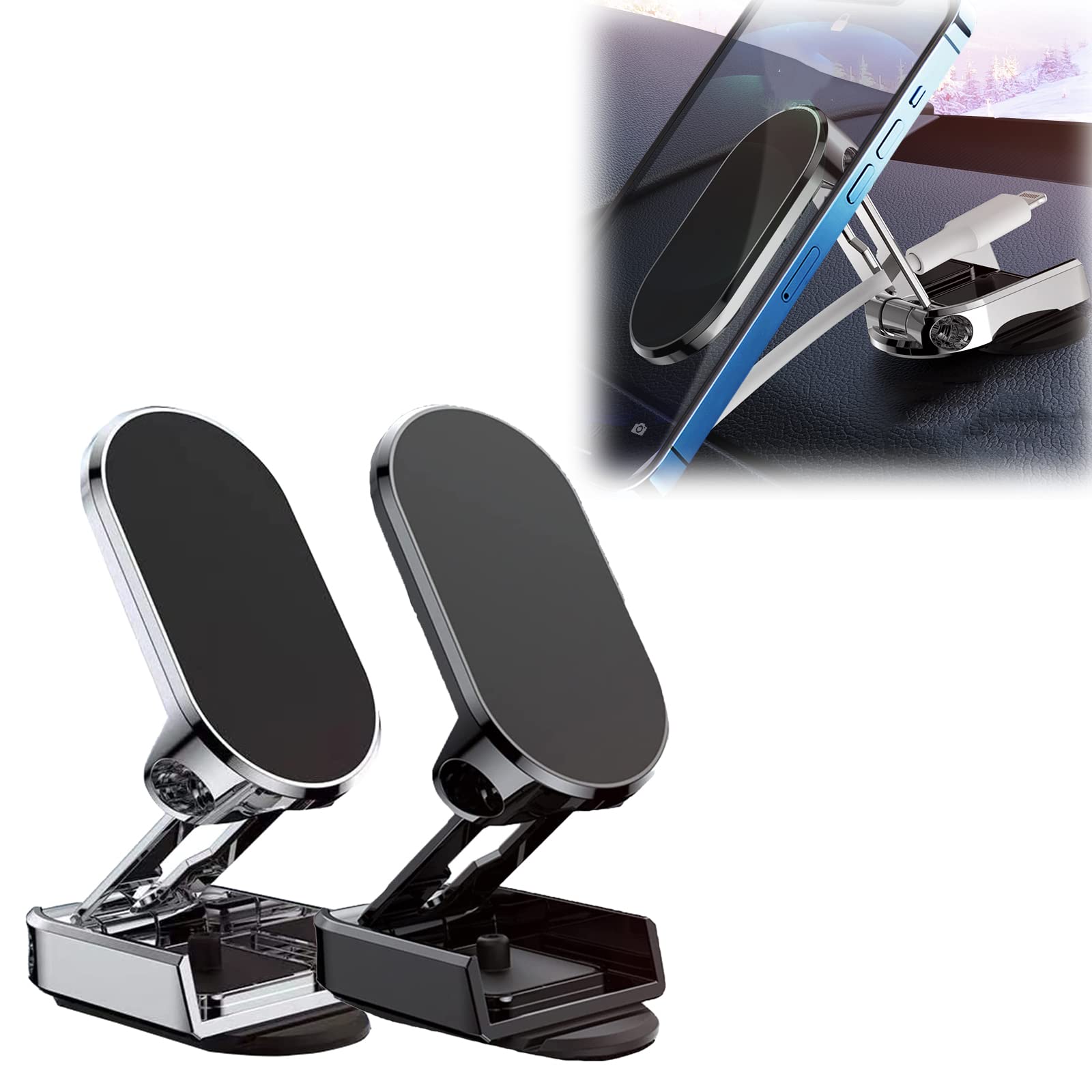 HENGBANG 2023 New Alloy Folding Magnetic Car Phone Holder,Magnetic 360° Car Phone Holder Stand Dashboard Folding Bracket ,Multifunctional Magnetic Mobile Phone Bracket (Black)