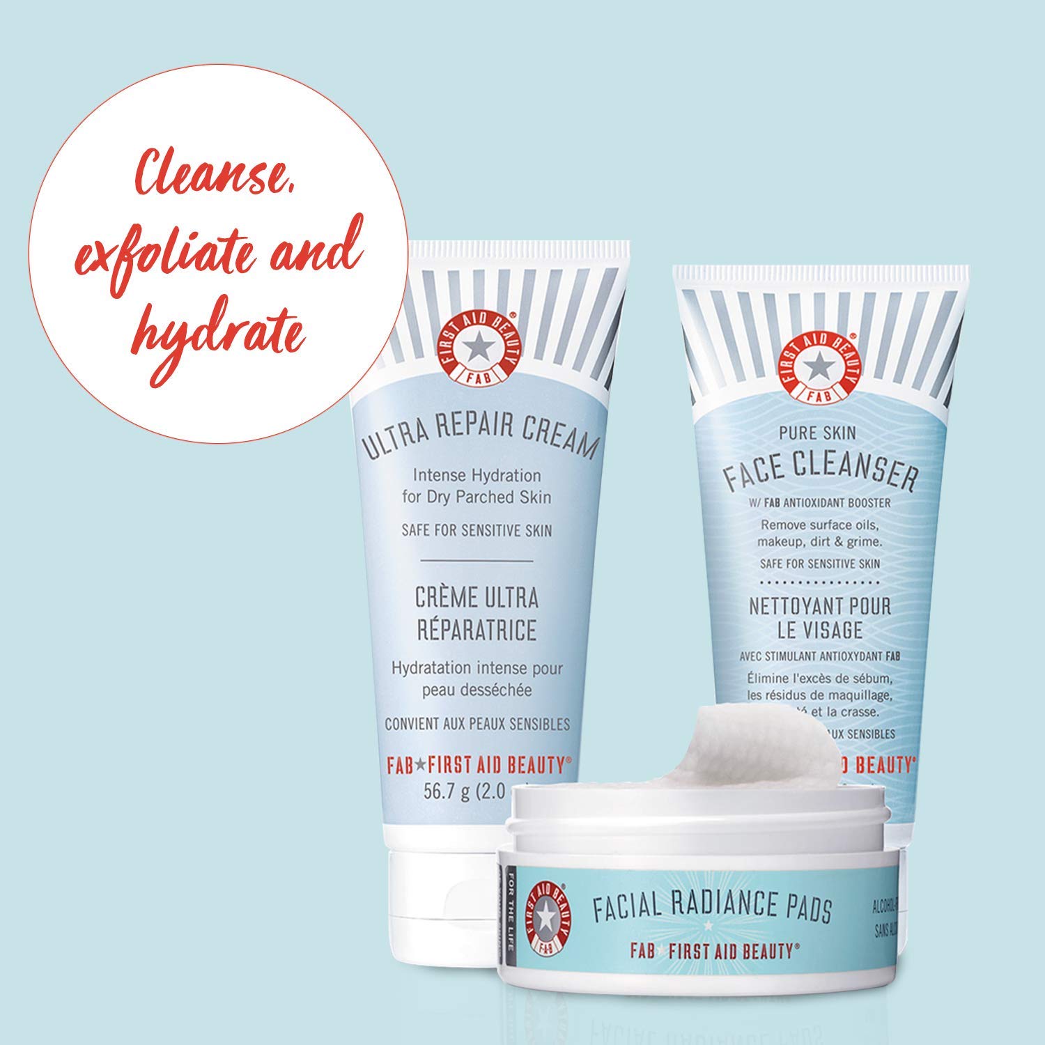 First Aid Beauty FAB Faves to Go Kit: Travel Size Face Cleanser, Exfoliator Pads and Moisturizer