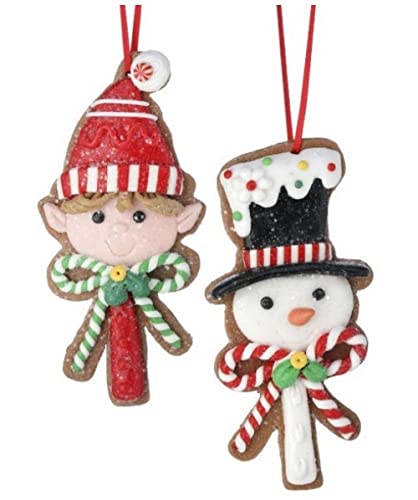Gingerbread Snowman and Elf Lollipop Ornament Set of 2