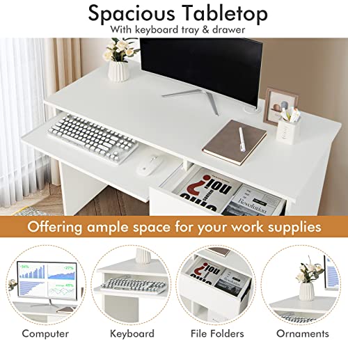 IFANNY White Computer Desk with Drawers, Modern Office Desk with Keyboard Tray and Open Storage Shelf, Work Desk for Home Office, Small Computer Desk for Small Spaces…