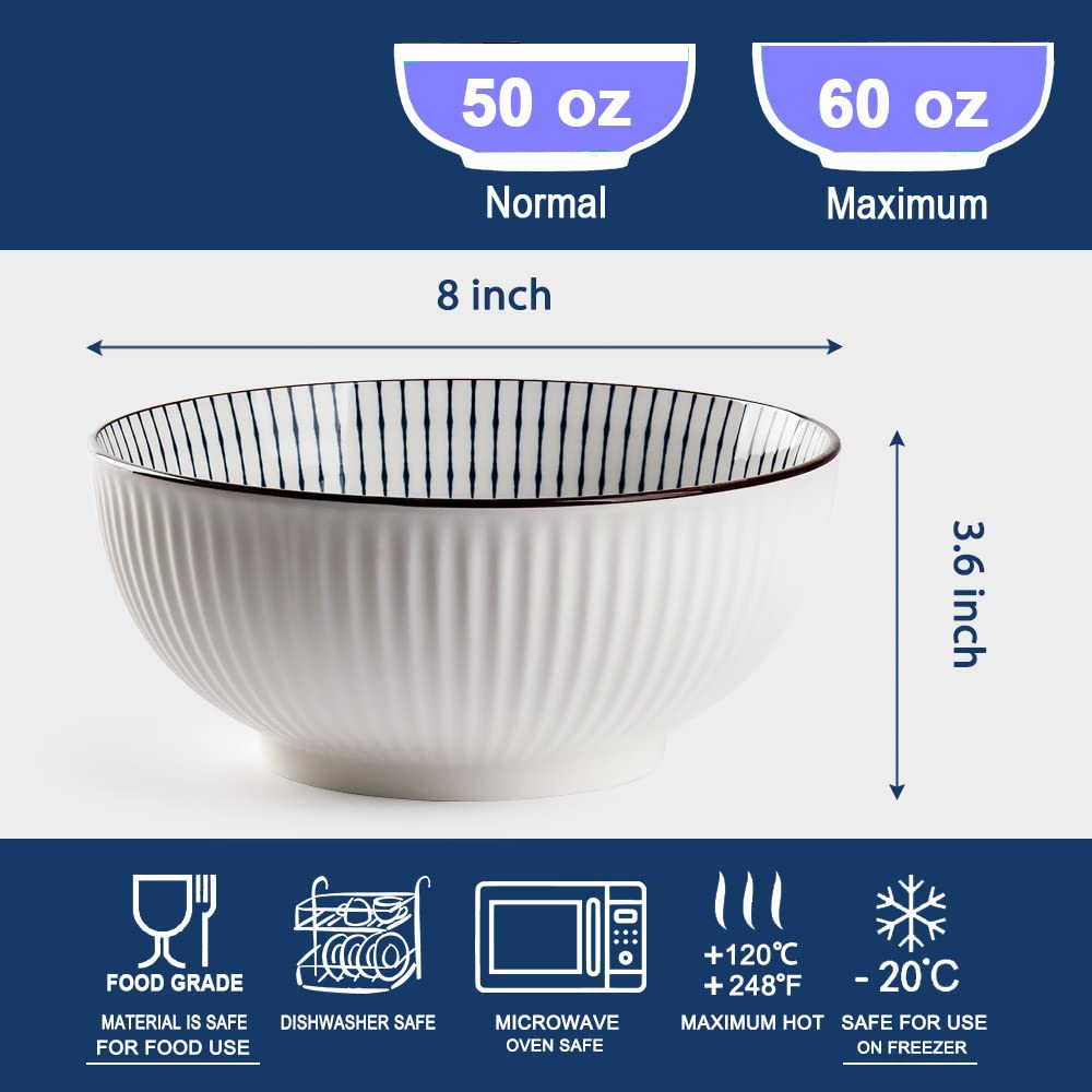 Hesen 60 oz Large Soup Bowl, Pho Bowls, Japanese Ramen Bowl Set, Big Porcelain Bowls Set of 3, 8 inches, Stripe Pattern