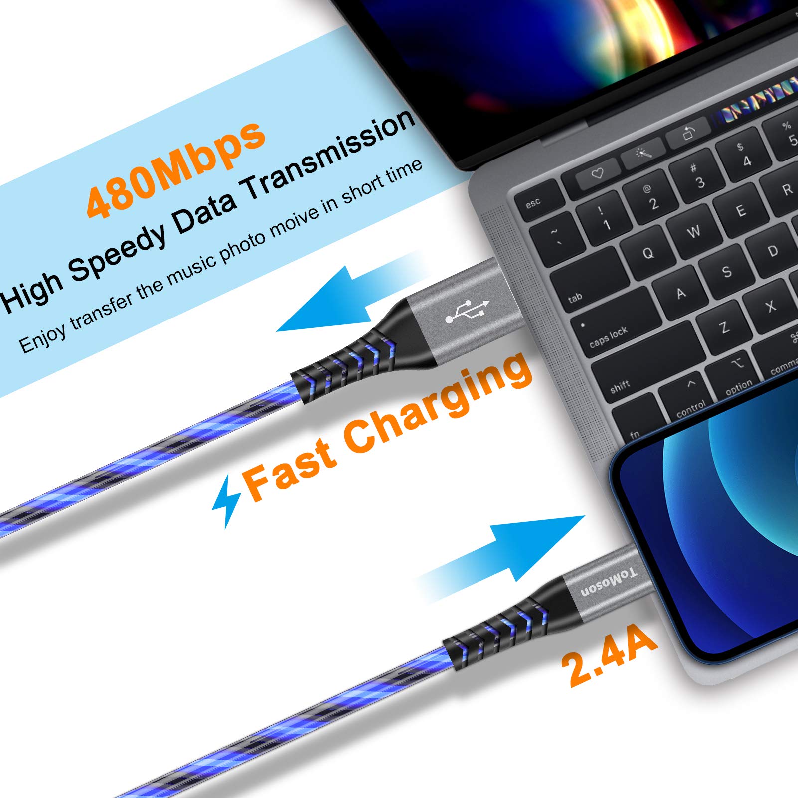 LED iPhone Charger Cord Light Up Lightning Cable | MFi Certified Apple Charger | Cool USB Fast Charging for iPhone 14 13 12 11 Pro Max XR X SE 8 Plus, iPad iPod and More (RGB, 3ft)