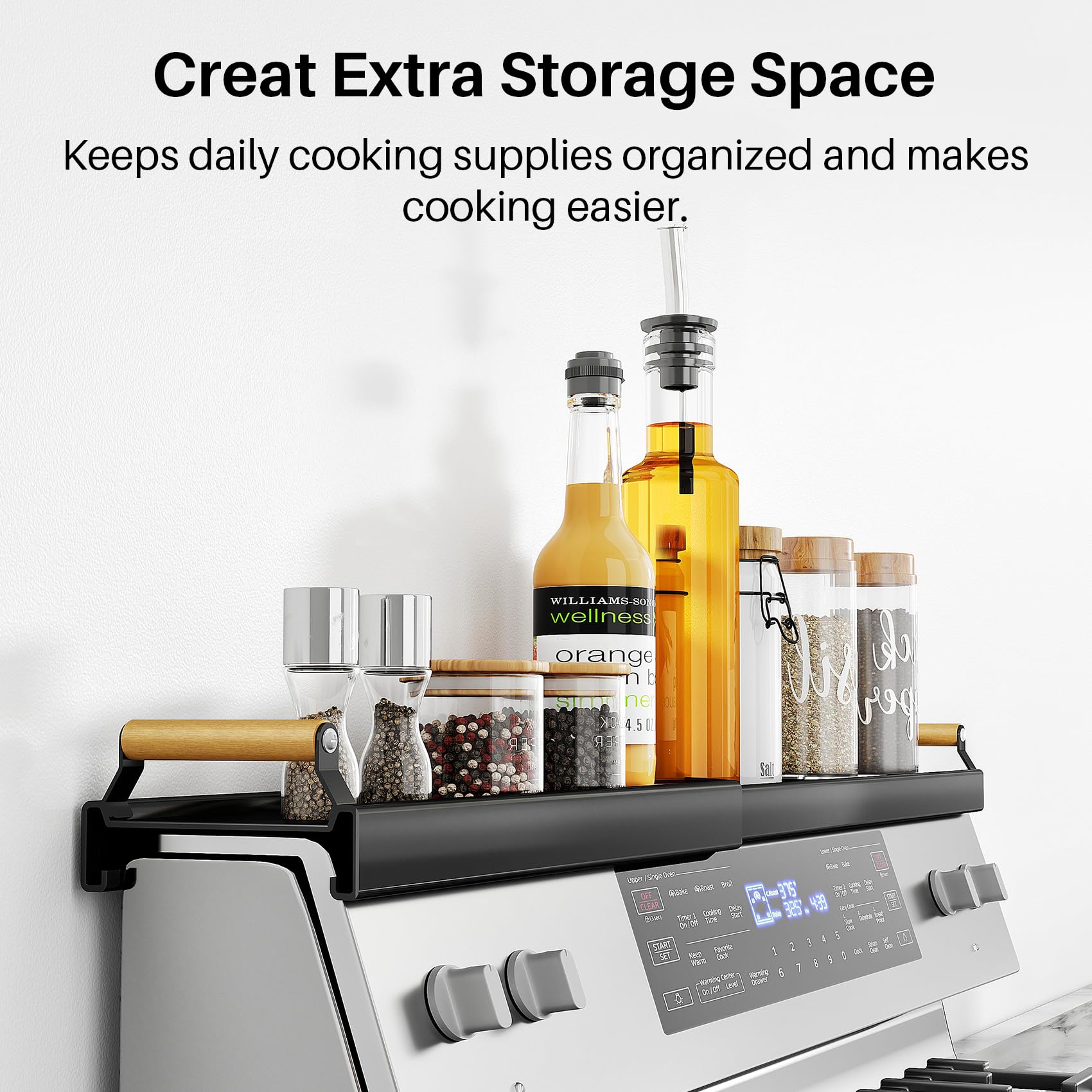 Magnetic Stove Top Shelf Spice Rack Organizer - Adjustable (16.9" to 30") Over the Stove Shelf for Kitchen Storage, Rustproof Oven Shelf for Back of Stove, Black