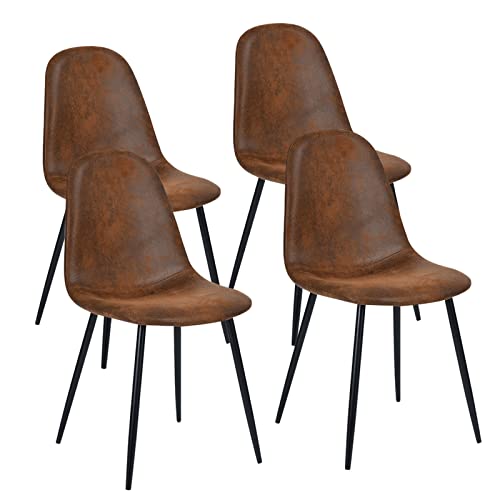Fangflower Dining Chairs Set of 4, Faux Leather Upholstered Side Chairs, Mid Century Modern Armless Chair, Living Room Chairs with Metal Legs for Kitchen Lounge Farmhouse, Charlton Brown