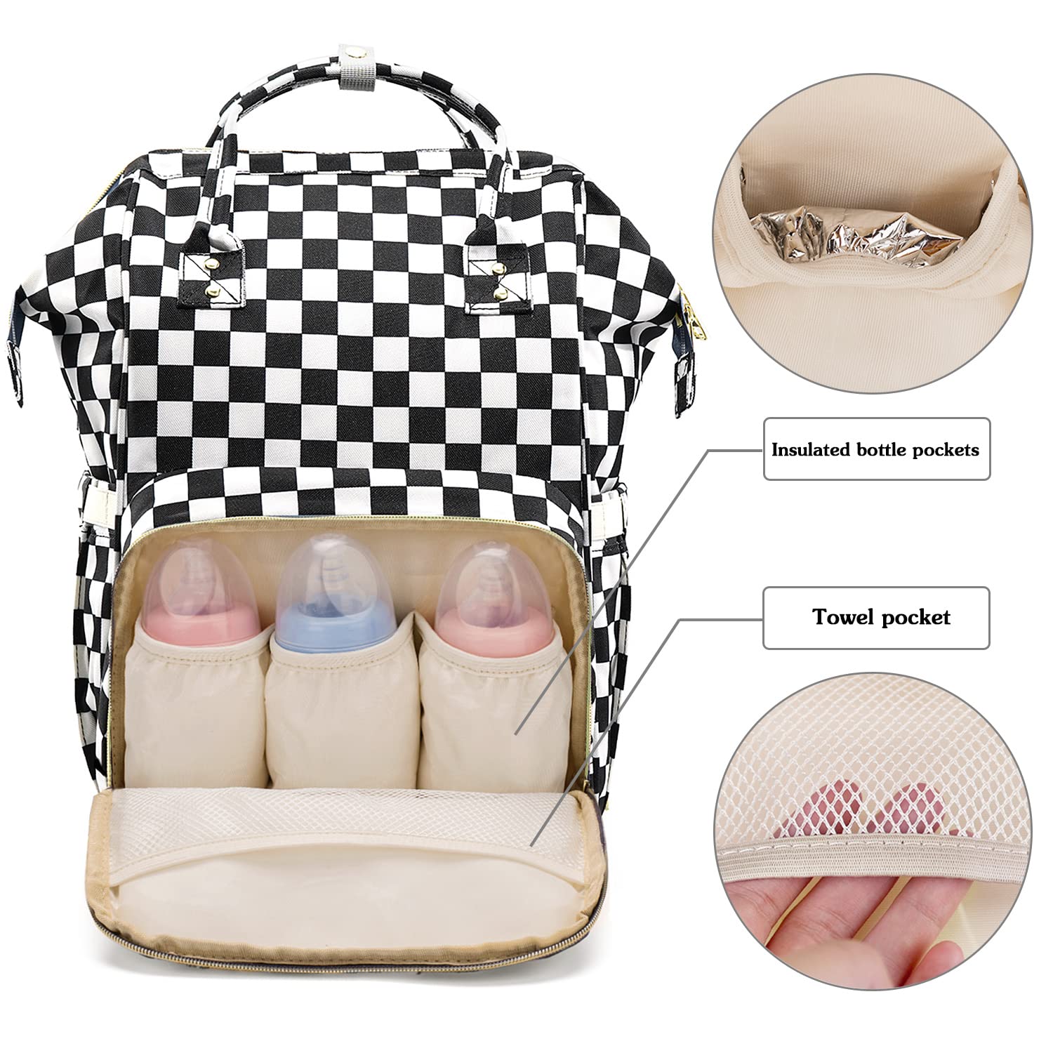 MCWTH Checkered Sunflower Diaper Bag Backpack Set for Baby Girls Mom, Large Capacity Multi-Function Nappy Bags Organizer