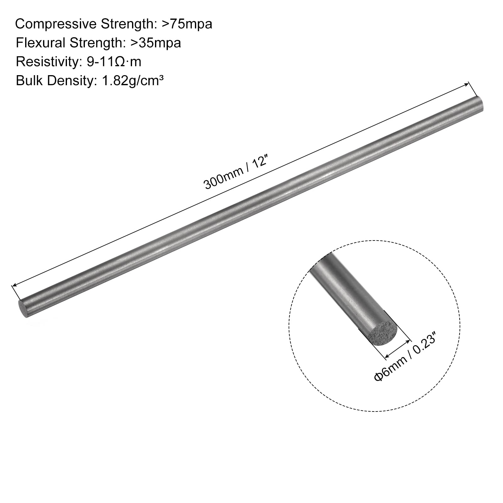 PATIKIL Graphite Rod Graphite Stirring Rod Cylinder Stick Carbon Rod 300x6mm Black for Electrode, Melting Casting, Crucibles, Pack of 2