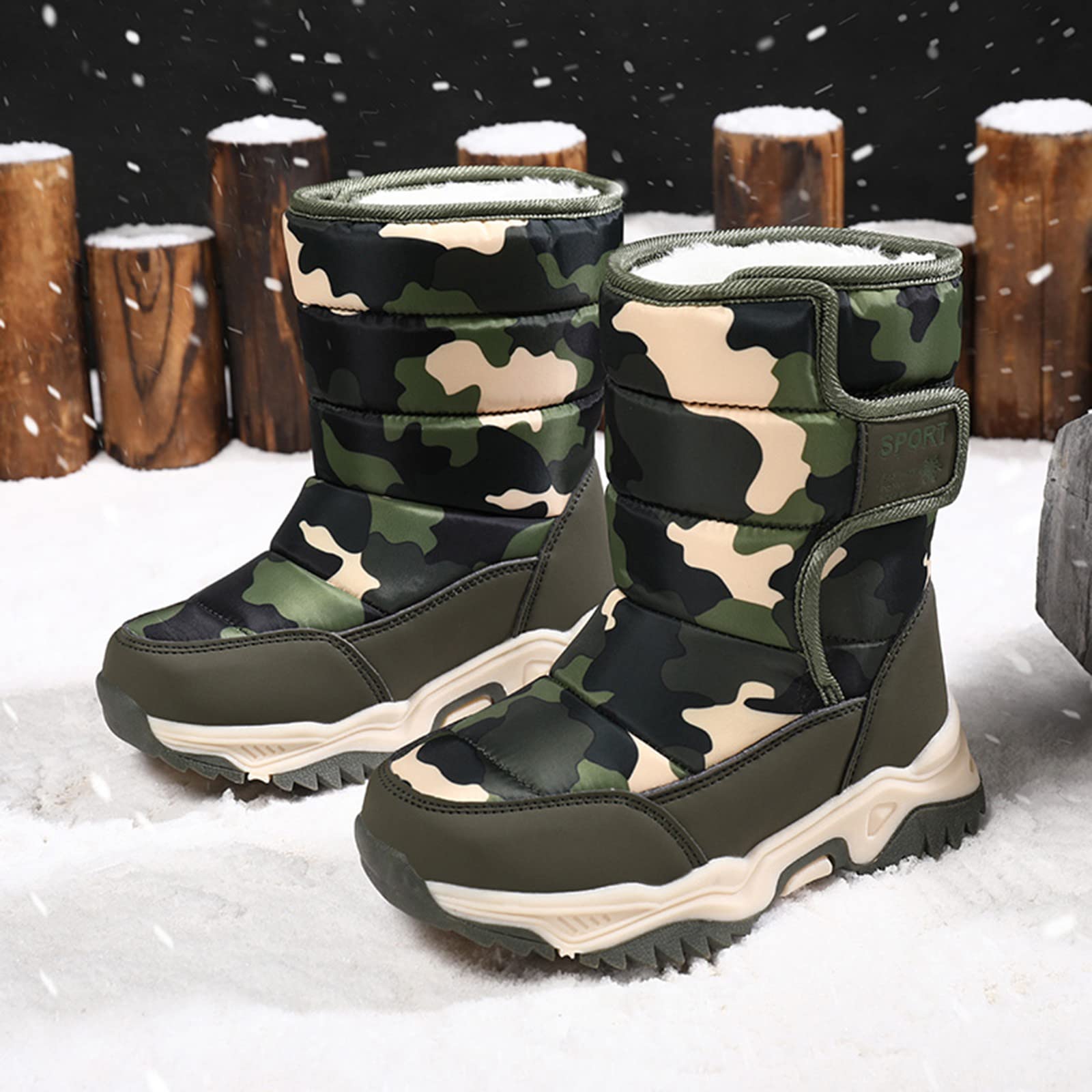 Hiking Snow Boots for Girls/Boys,Cool Guy Camouflage Print High Top Shoes Waterproof Fuzzy Platform Boots