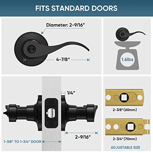 TICONN Black Door Handle, Traditional Wave Style Matte Black Reversible Door Lever for Interior Doors and Closet (Privacy Lock, 5-Pack)