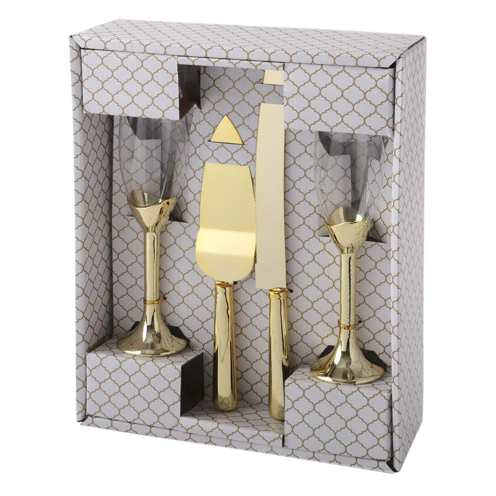 FASHIONCRAFT Elegant Glasses with Cake Knife and Server 4 Piece Set, Gold