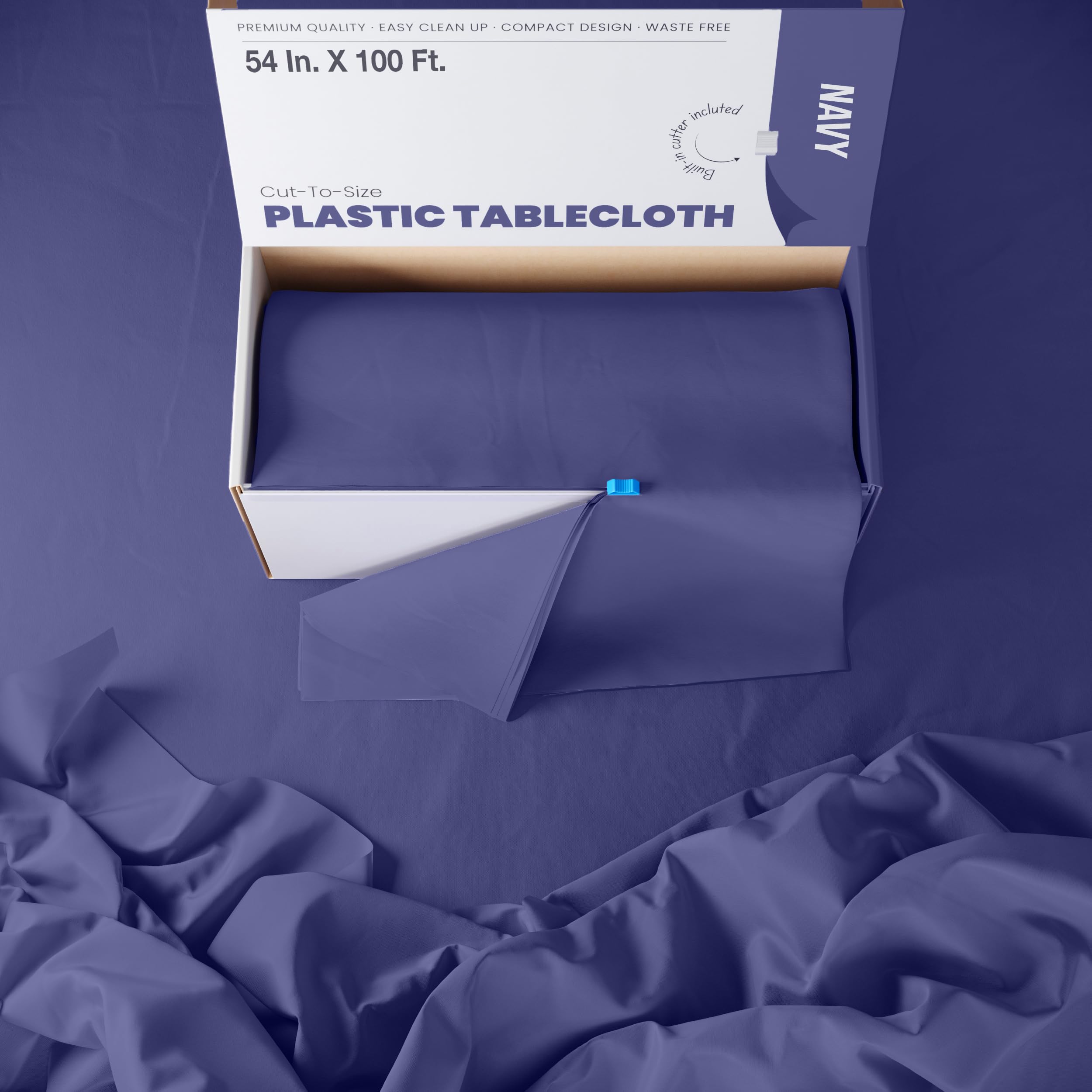 Exquisite 54 Inch X 100 Feet Navy Plastic Table Cover Roll in A Cut - to - Size Box with Convenient Slide Cutter. Cuts Up to 12 Rectangle 8 Feet Plastic Disposable Tablecloths