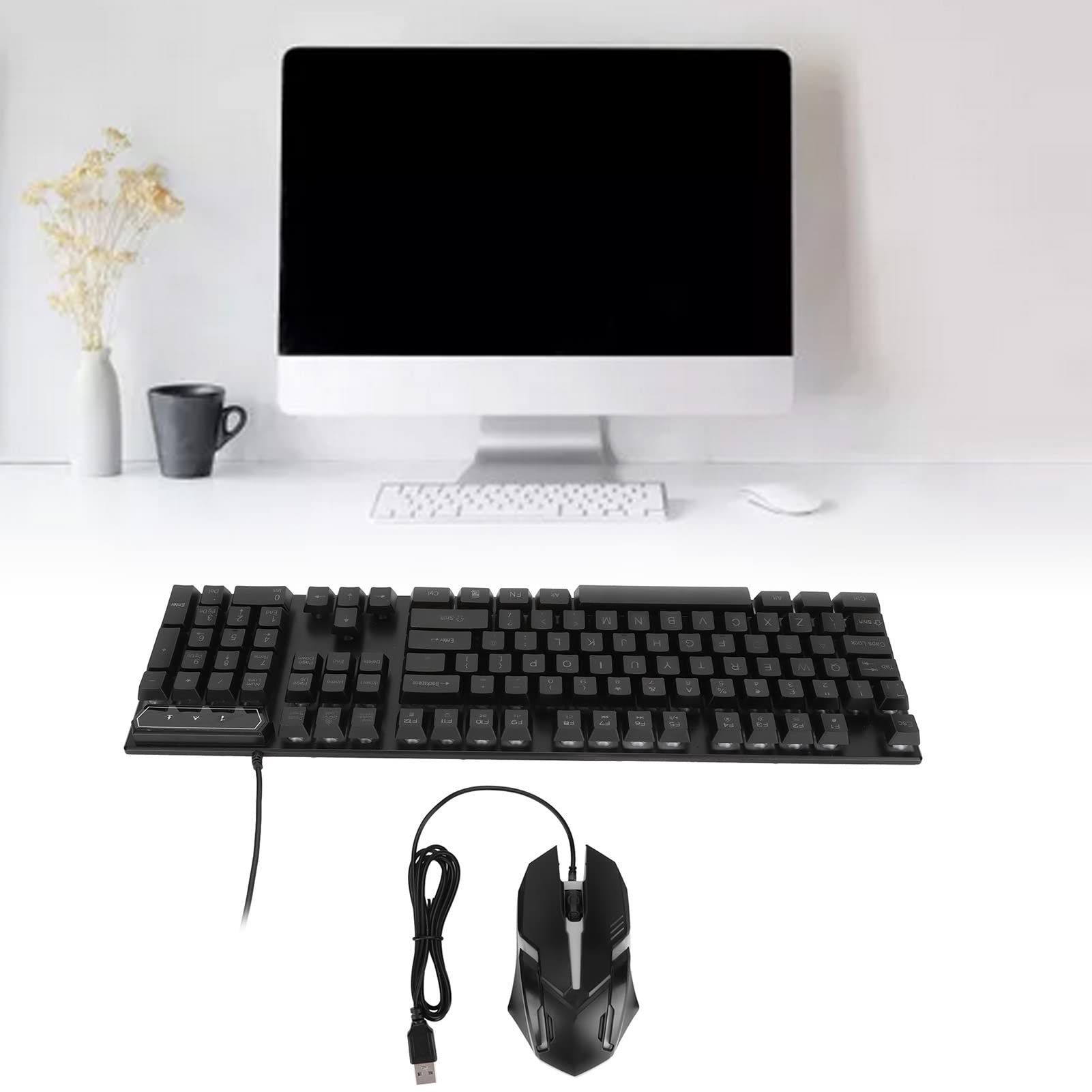 Keyboard and Mouse Combo, 104 Keys Wired USB Mouse and Keyboard Set, Waterproof Ergonomic Keyboard LED Backlit, Keyboard Mouse Set for Gaming (D280 Suit Word Through Black)