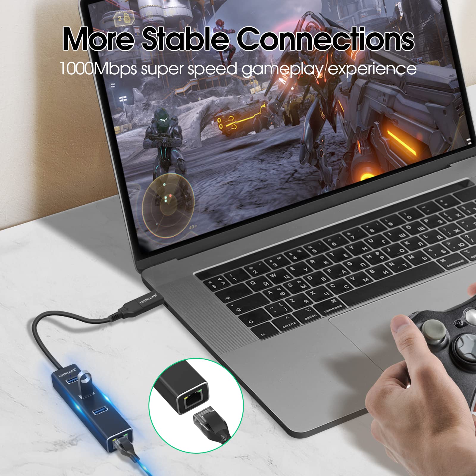 LYFNLOVE USB Hub with Ethernet, 3-Port USB 3.0 Hub Splitter with USB C Adapter, Aluminum USB to Ethernet Adapter + Multi USB Port Extender Hub for MacBook Pro/Air, iMac, Laptop