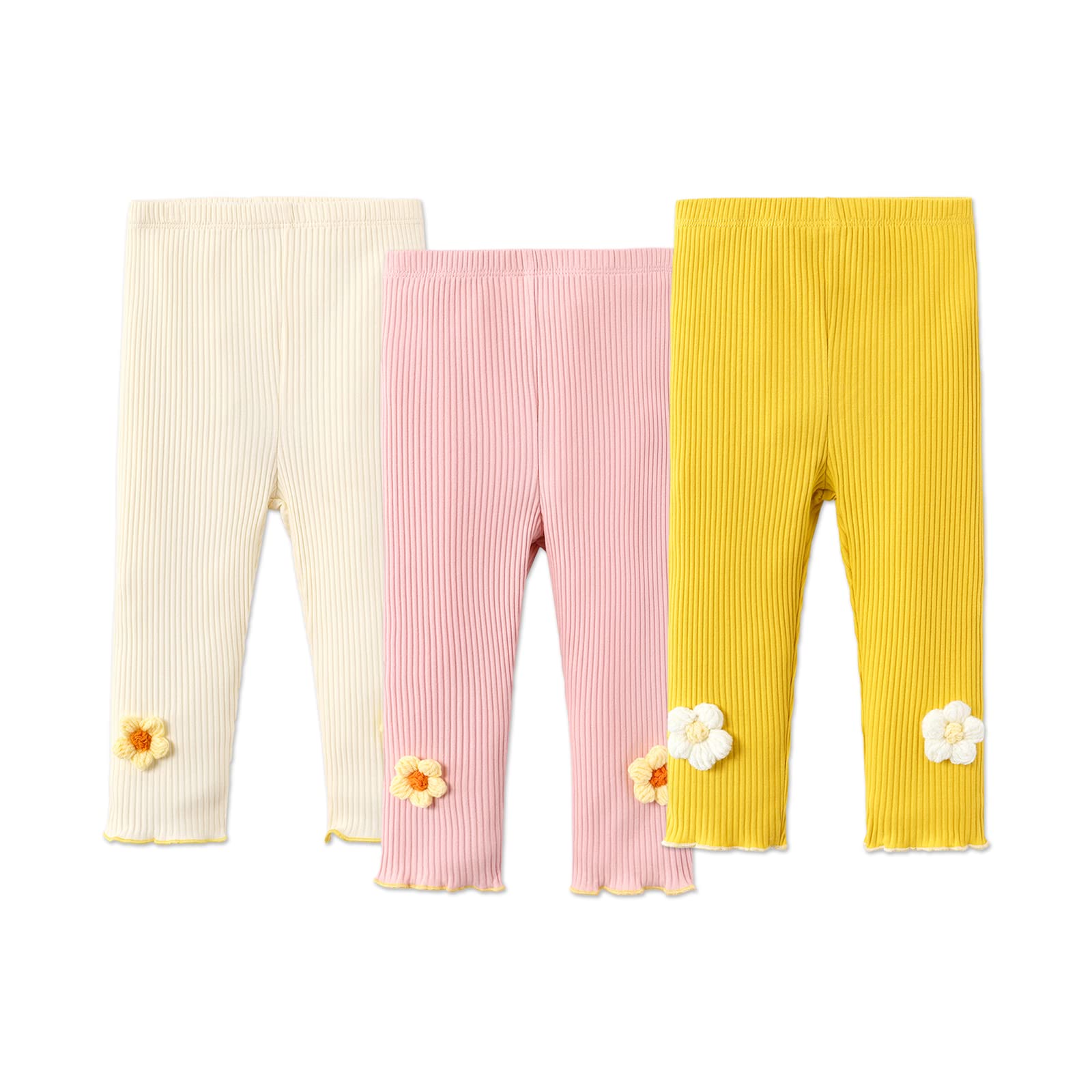 PATPAT Baby Girl Knit Cotton Flower Pants Solid Color Leggings 3 Packs 18-24 Months